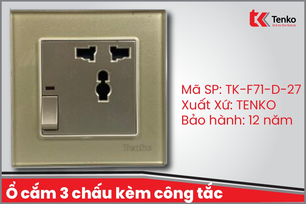Ổ Cắm 3 Chấu Kèm Công Tắc Mặt Kính Cường Lực TK-F71D-27 Vàng - Thiết Bị ...
